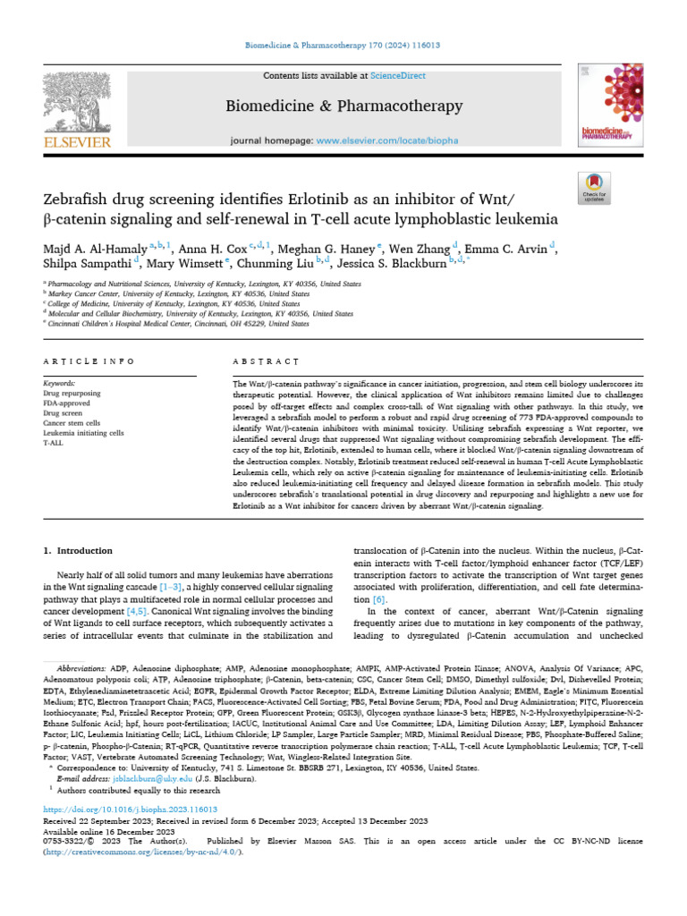 Zebrafish Drug Screening Identifies Erlotinib As An Inhibit - 2024 ...