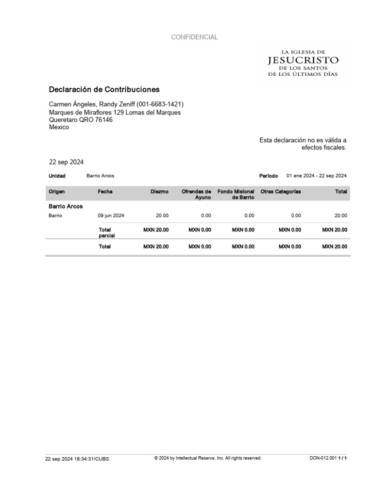 Declaracion Diezmos Randy Zeniff | PDF