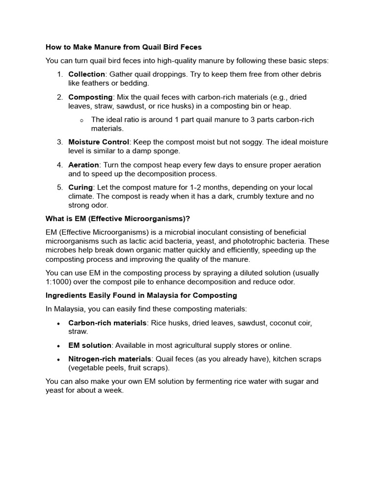 How To Make Manure From Quail Bird Feces | PDF