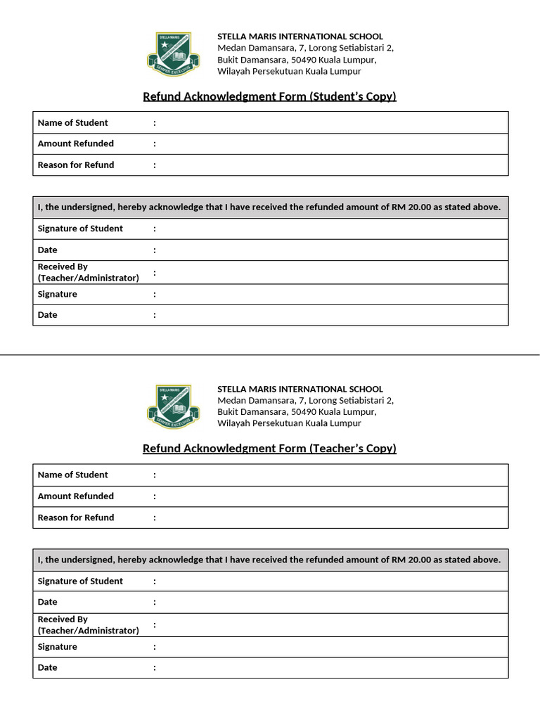 Refund Acknowledgment Form (Student) | PDF