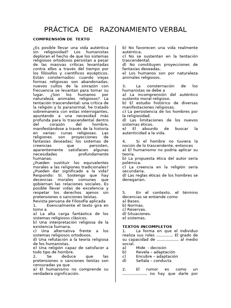 Práctica de Raz Verbal | PDF