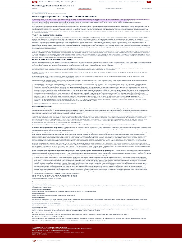 Paragraphs & Topic Sentences - Writing Guides - Writing Tutorial Services - Indiana University ...