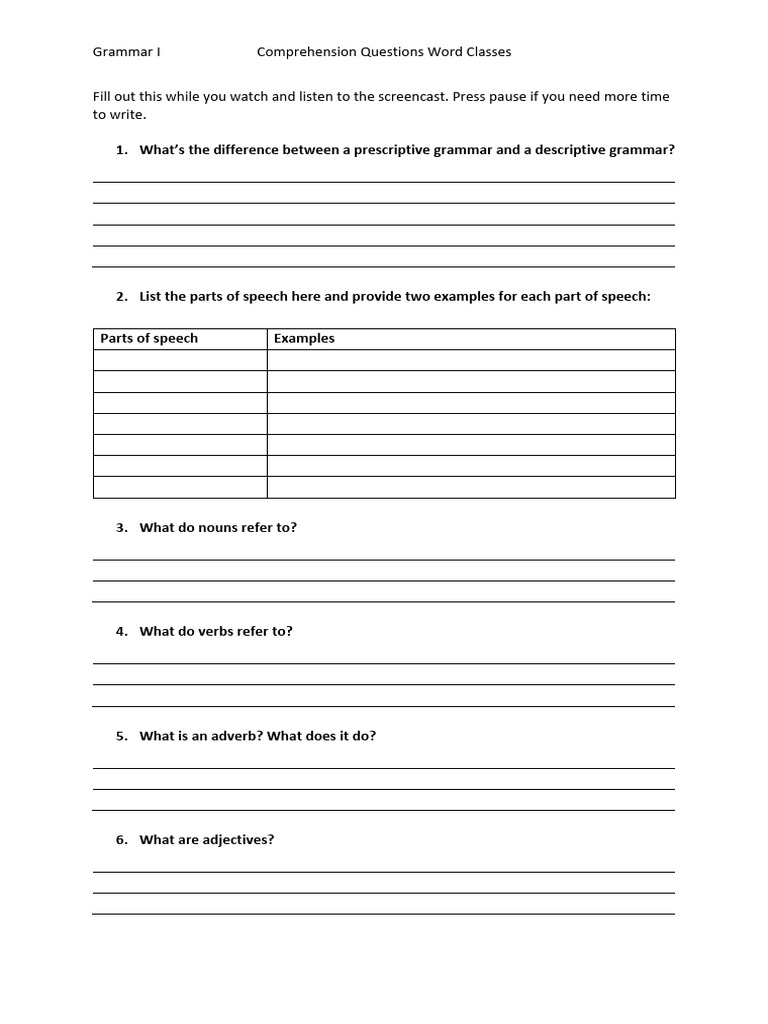 Comprehension Questions Word Classes | PDF