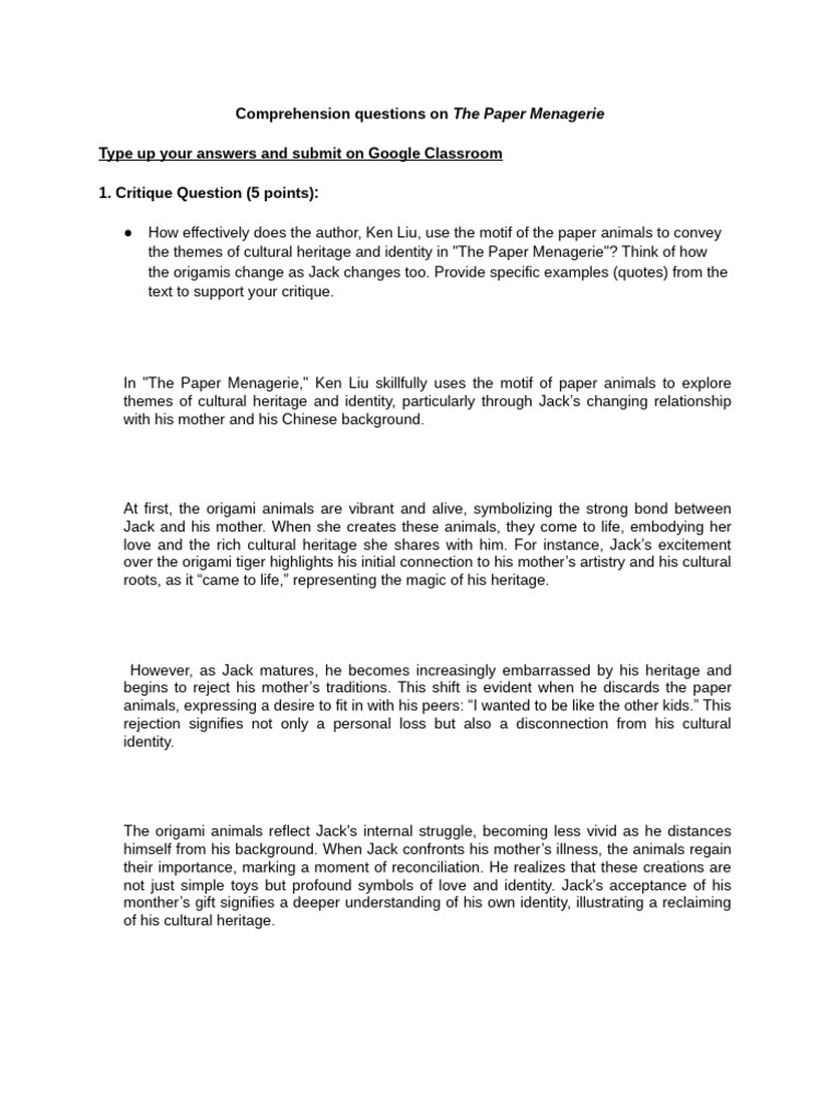 Laura Carvalho Rezende - The Paper Menagerie Reading Comprehension ...
