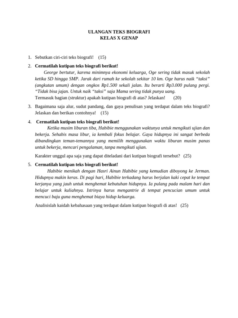 Soal Ulangan Teks Biografi Kelas X Genap Pdf