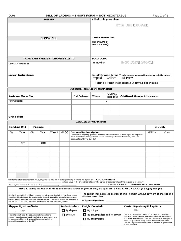 Form Bill of Lading (BL) | PDF