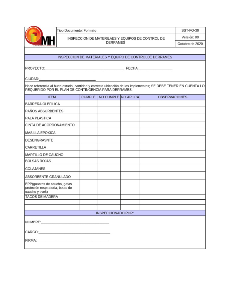 Anexo 37. SST-FO-30. Inspeccion Del Kit Control de Derrames | PDF