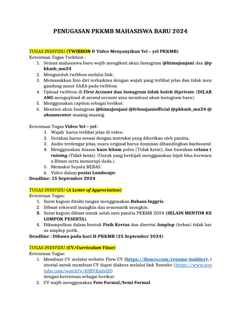Penugasan Pkkmb Mahasiswa Baru Prodi Manajemen 2024 Revisi | PDF