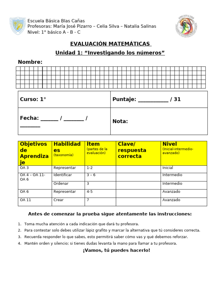 Evaluación matemáticas - Unidad 1 “Números del 0 al 10” | PDF