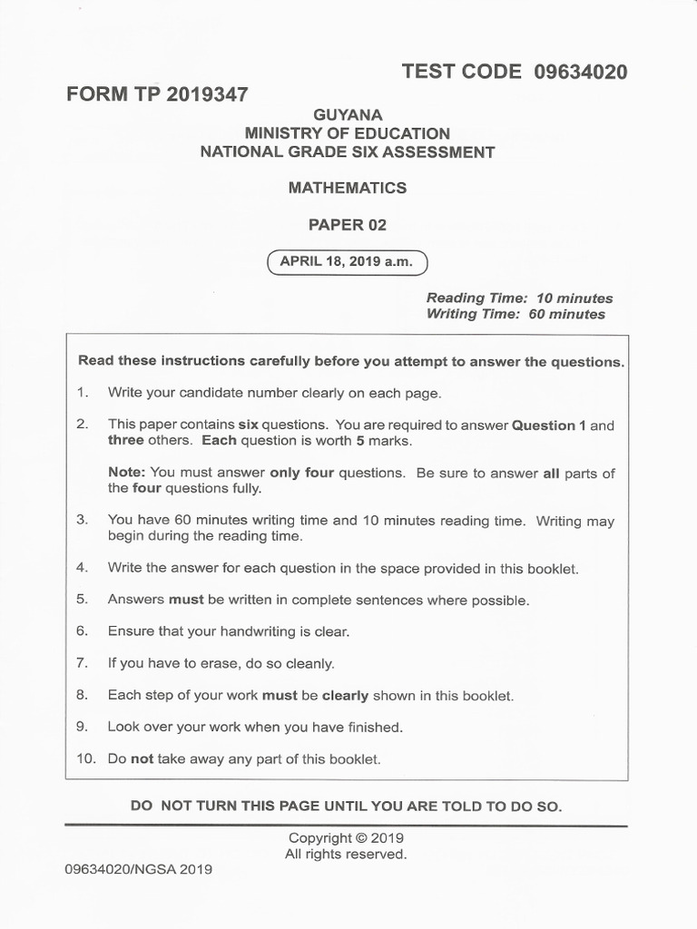 National Grade 6 Assessment - 2019 - Mathematics P2 | PDF