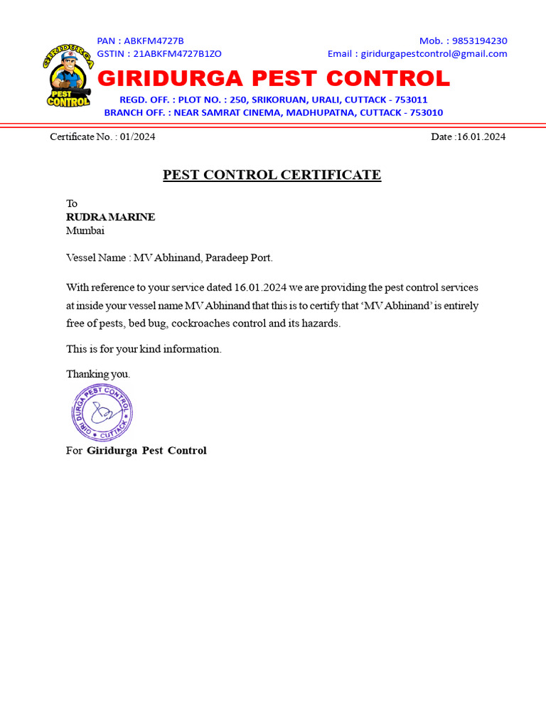 Pest Control Certificate | PDF Pest Control Certificate | PDF