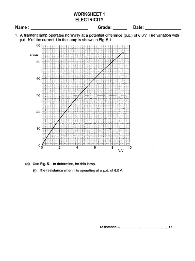 G11 - A - Worksheet - Electricity 1 | PDF