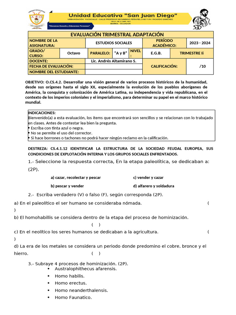 EVALUACIÓN TRIMESTRAL 2_OCTAVO A Y B | PDF
