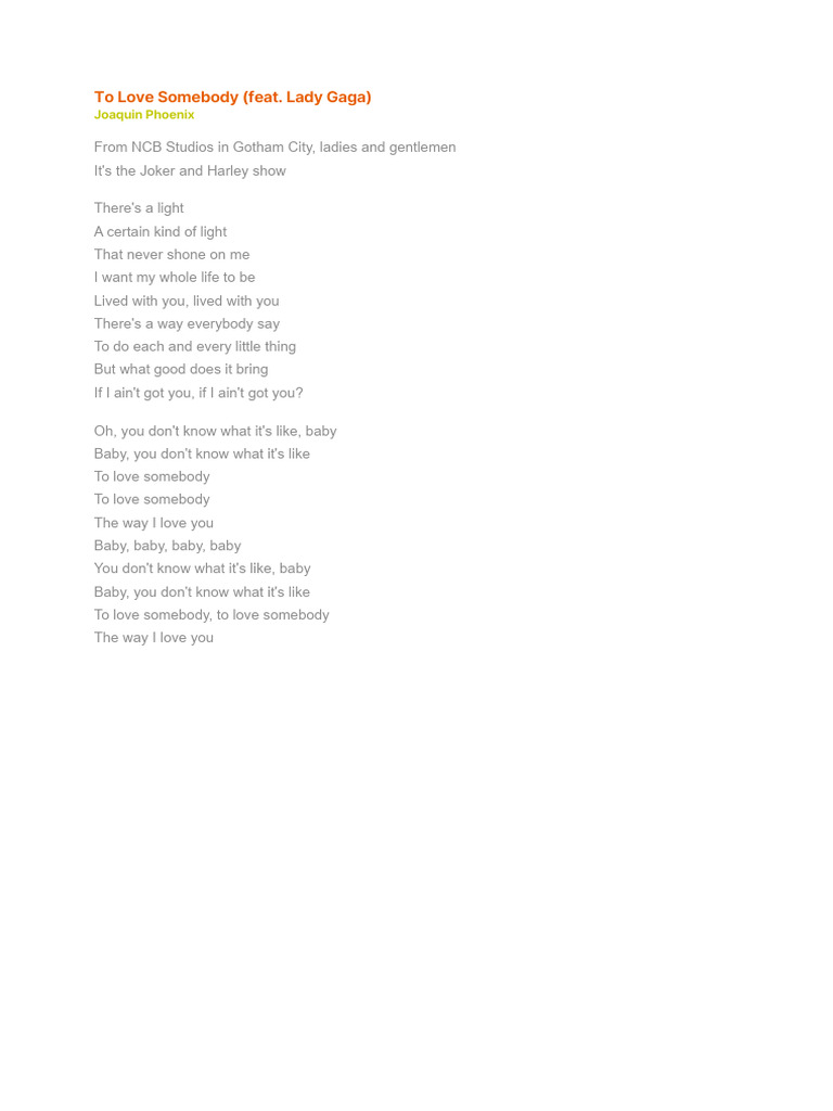 To Love Somebody (Feat. Lady Gaga) - Joaquin Phoenix | PDF