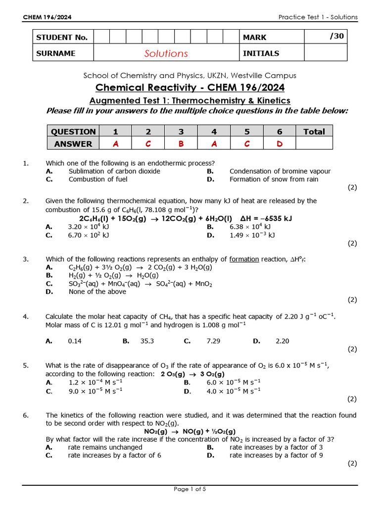 Practice Test 1 Thermochemistry And Kinetics Solutions Pdf 