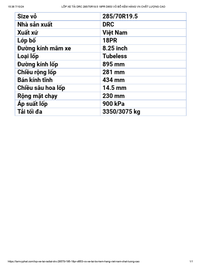 Lốp Xe Tải Drc 285 - 70r19.5 18pr d653 Vỏ Bố Kẻm Hàng Vn Chất Lượng Cao | PDF