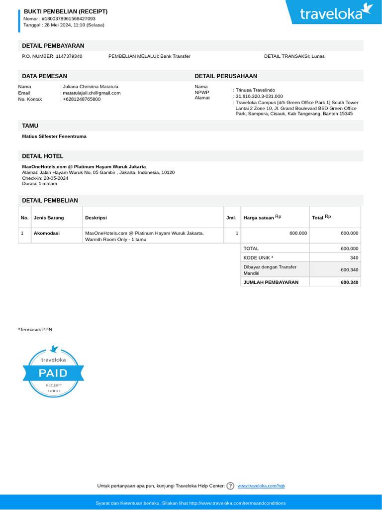 Bill Mbak Trav_Matius | PDF