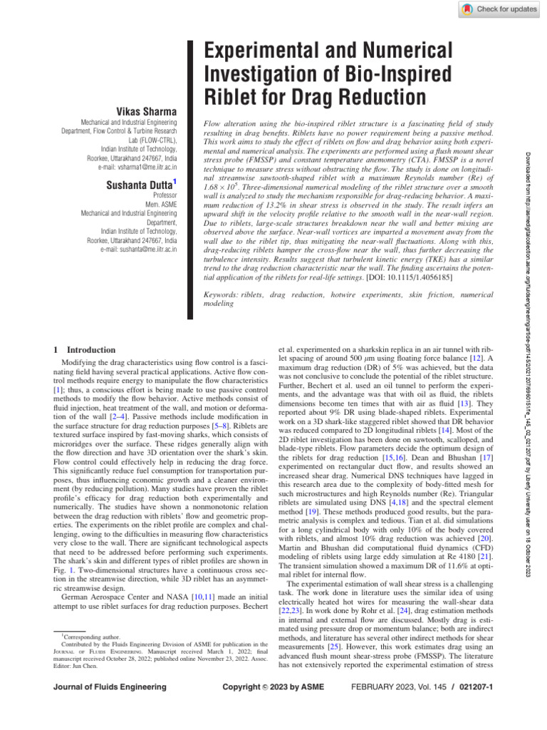 Experimental and Numerical Investigation of Bio-Inspired Riblet For Drag Reduction | PDF