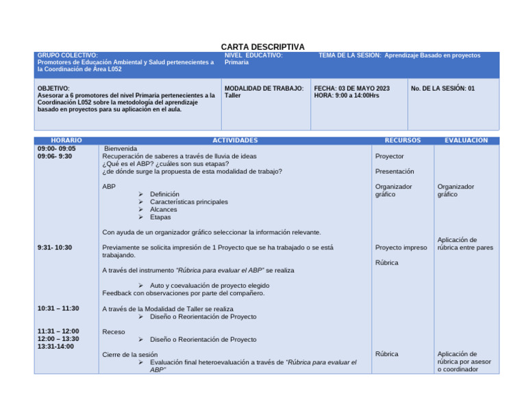 Carta Descriptiva Asesoría Taller ABP | PDF