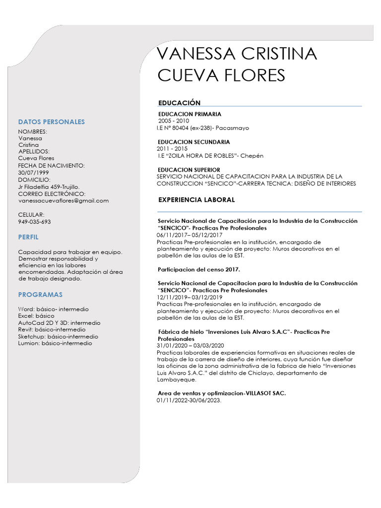 CV de Vanessa Cueva Flores | PDF | Negocios