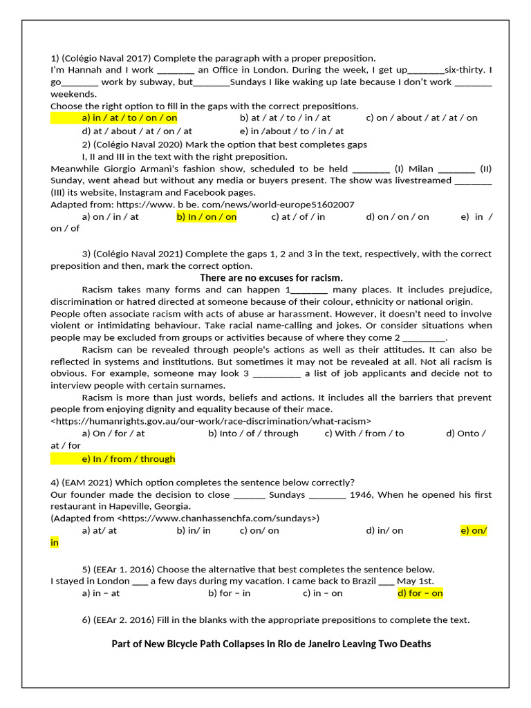 Prepositions Test | PDF