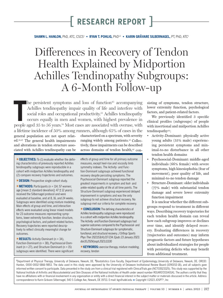 Hanlon Et Al 2023 Differences in Recovery of Tendon Health Explained by Midportion Achilles ...