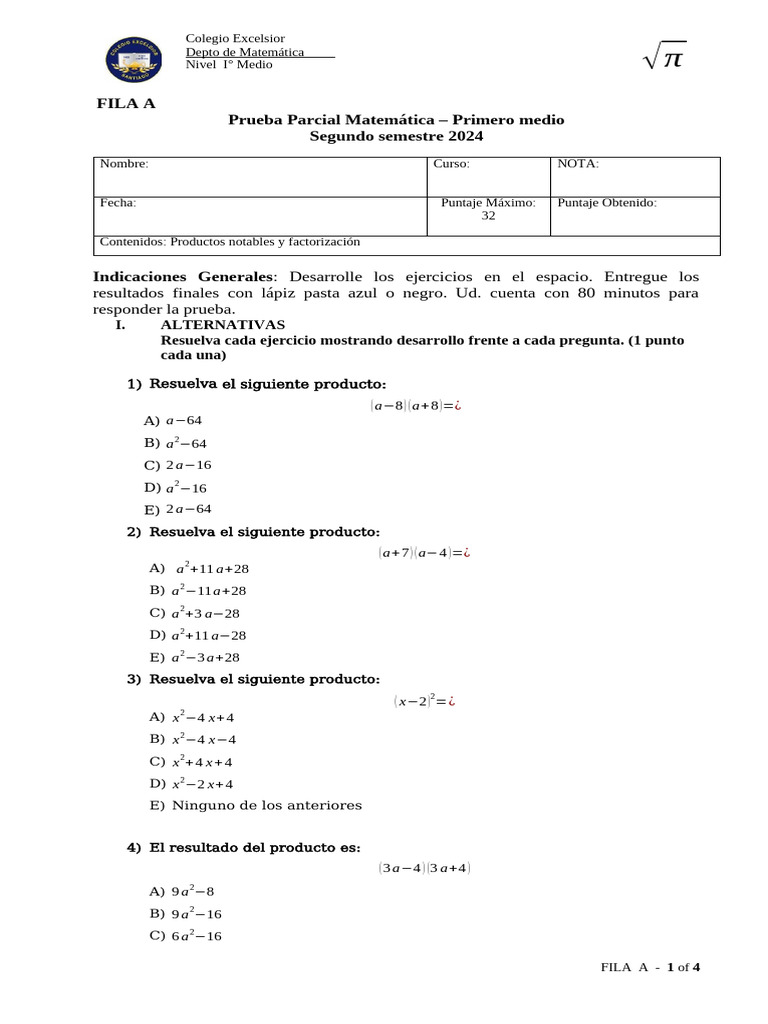 1° M Matemática - Fila A - Productos Notables y Factorización | PDF