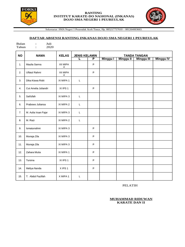 Daftar Kehadiran Kegiatan Eskul | PDF