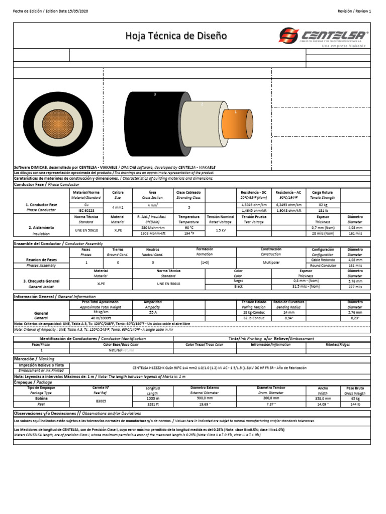 Ficha tecnica Cable solar H1Z2Z2-K 4mm2 | PDF