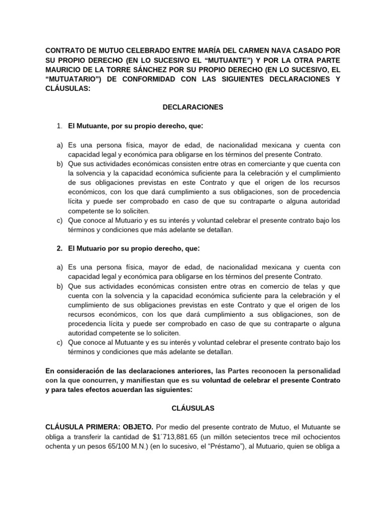 Contrato Mutuo Con Interés MAURICIO DLTORRE - MARY | PDF