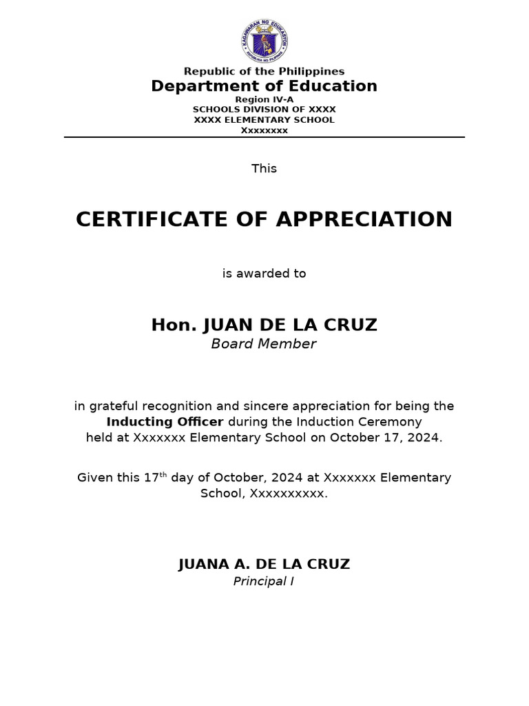 Sample Certificate for Inducting Officers - 3 | PDF