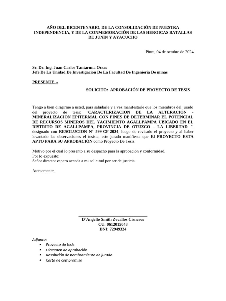 SOLICITUD DE APROBACION DE PROYECTO DE TESIS | PDF SOLICITUD DE APROBACION DE PROYECTO DE TESIS | PDF