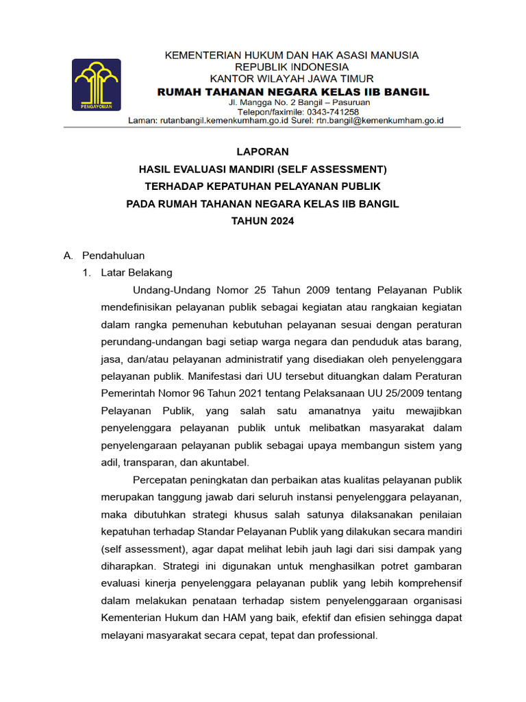 Laporan Hasil Evaluasi Mandiri (Self Assessment) Terhadap Kepatuhan Pelayanan Publik | PDF