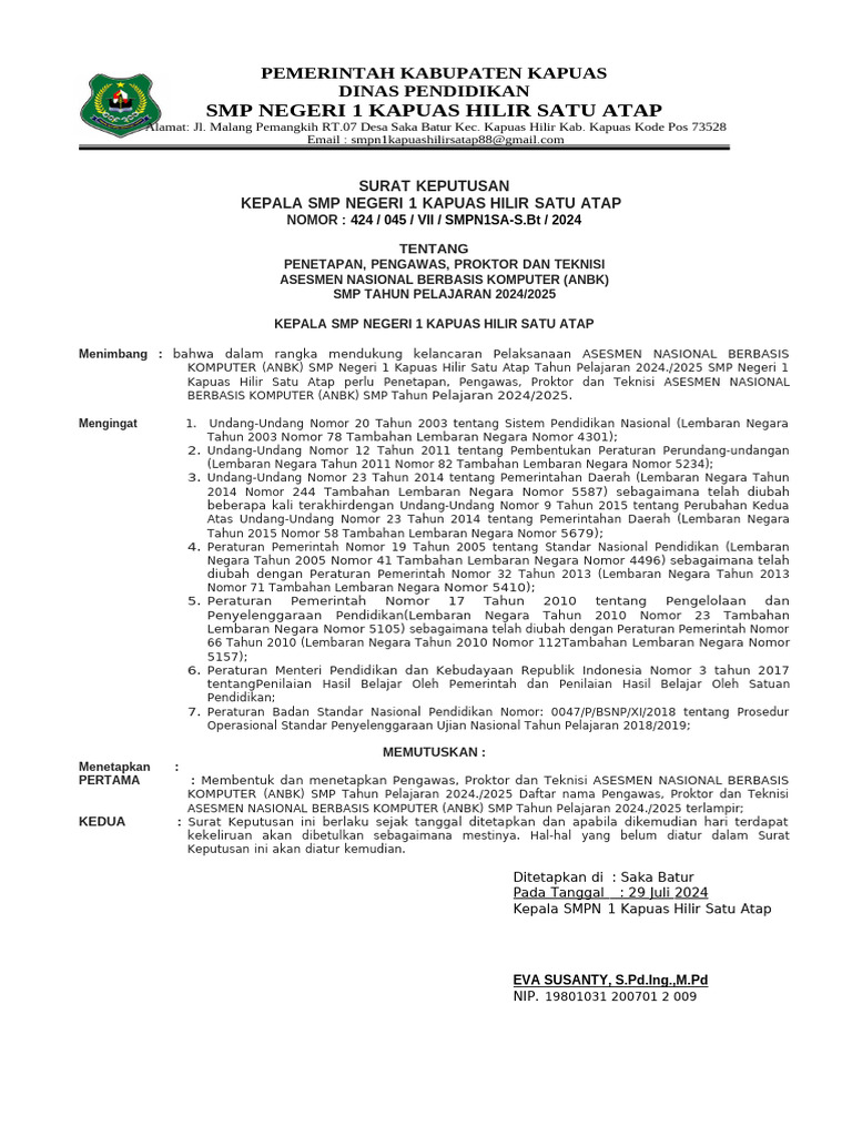 SK Pengawas Proktor Dan Teknisi ANBK SMPN 1 Kapuas Hilir Satap | PDF