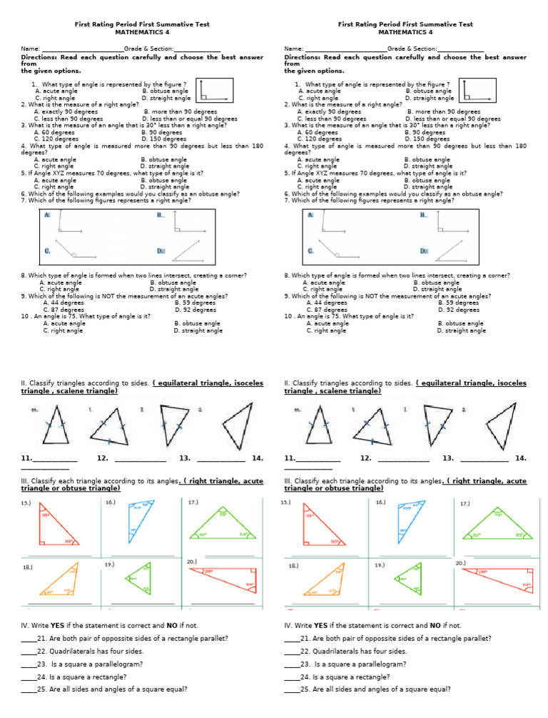 Mathematics 4 Summative Test on Angles | PDF