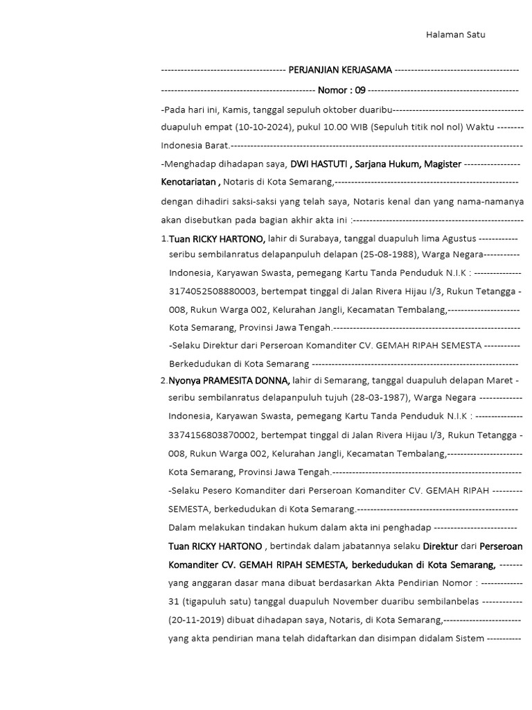 Perjanjian Kerjasama Ricky Hartono CV Gemah Ripah - Sri Ratna Rev 4 | PDF