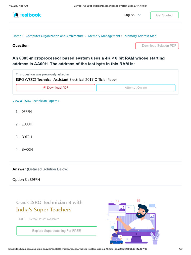 (Solved) An 8085-Microprocessor Based System Uses A 4K × 8 Bit | PDF