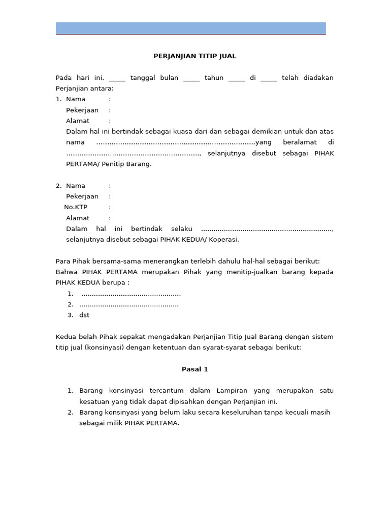 CONTOH SURAT PERJANJIAN TITIP BARANG | PDF