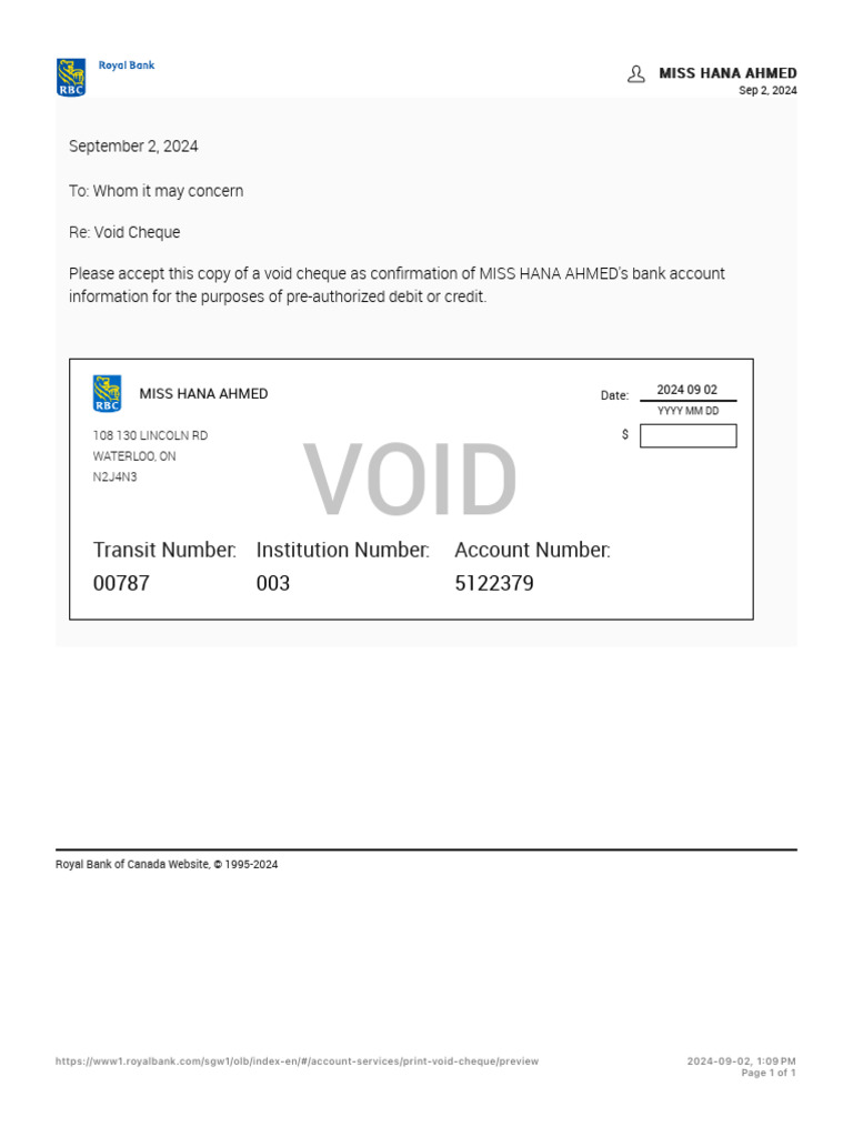 View and Print Void Cheque - RBC Online Banking | PDF