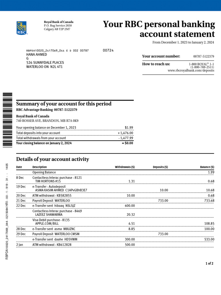 Your RBC Personal Banking Account Statement | PDF