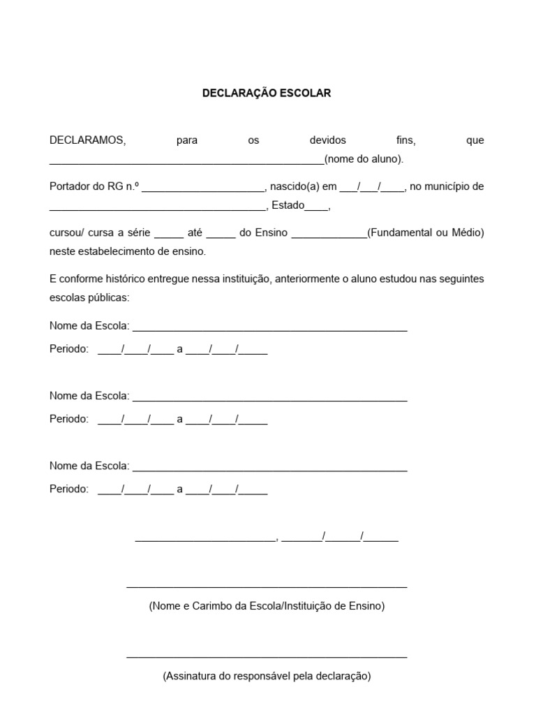 Anexo 7 Modelo de Declaracao Escolar | PDF Anexo 7 Modelo de Declaracao Escolar | PDF
