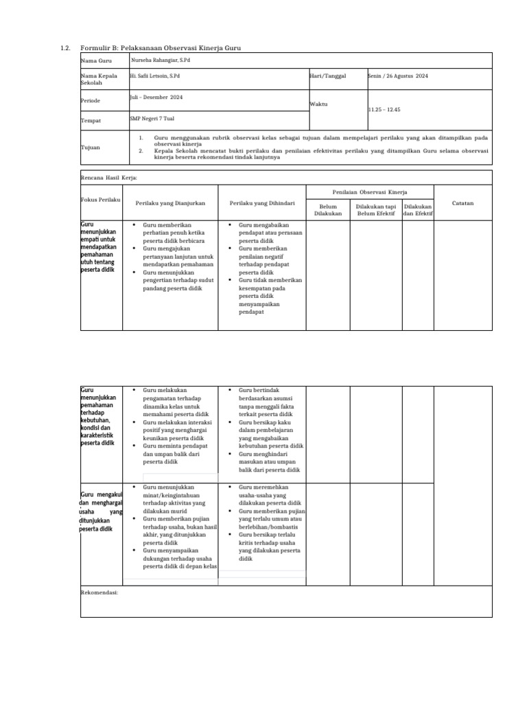 Rubrik Observasi Formulir B_Nama Guru | PDF