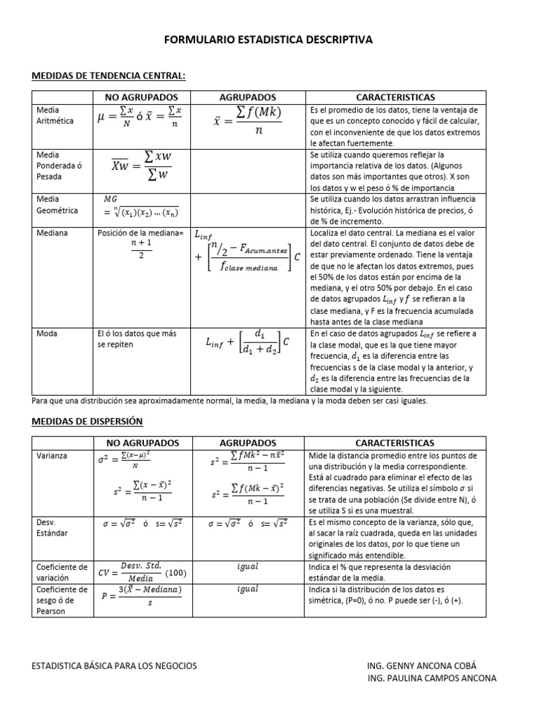 Formulario Estadística Descriptiva | PDF