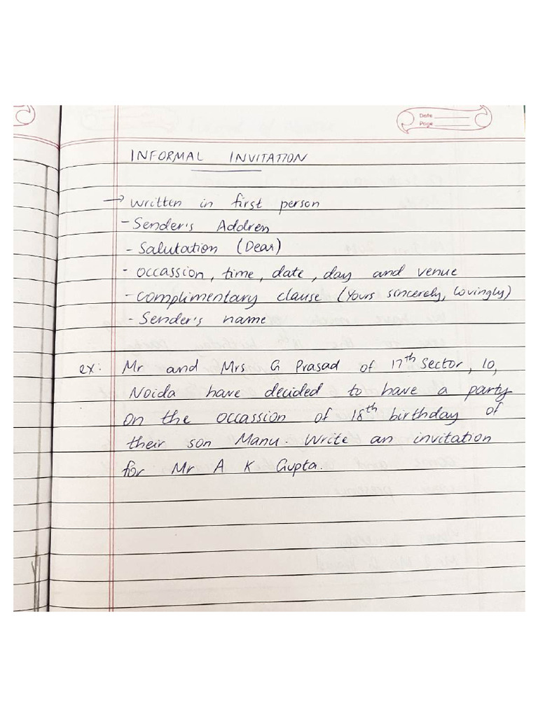 Class 12 Writing Section - Informal Invitation | PDF