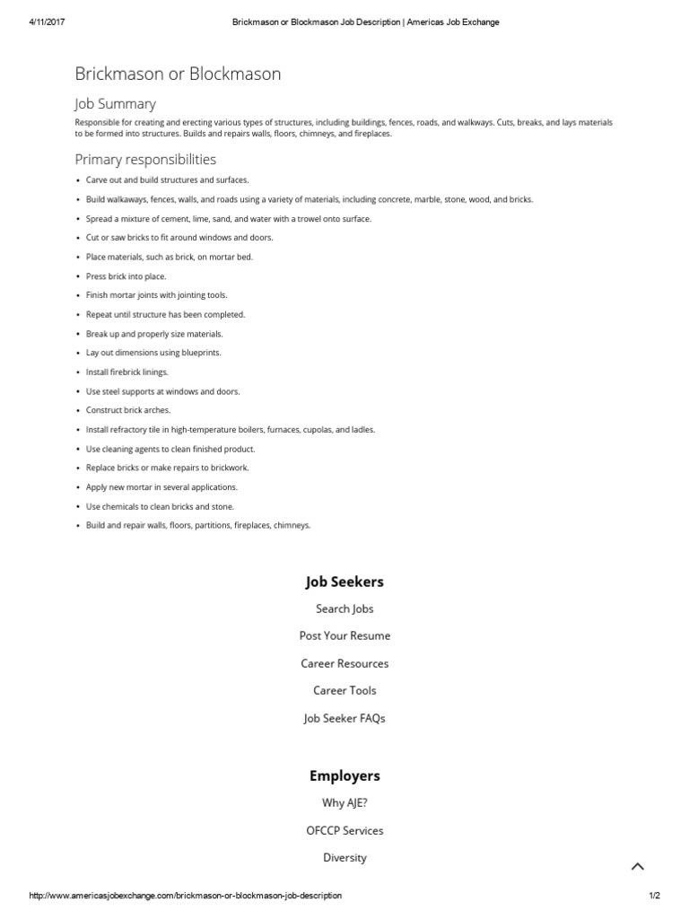 Construction Brickmason or Blockmason Job Description | PDF