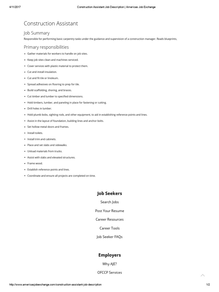 Construction Assistant Job Description | PDF