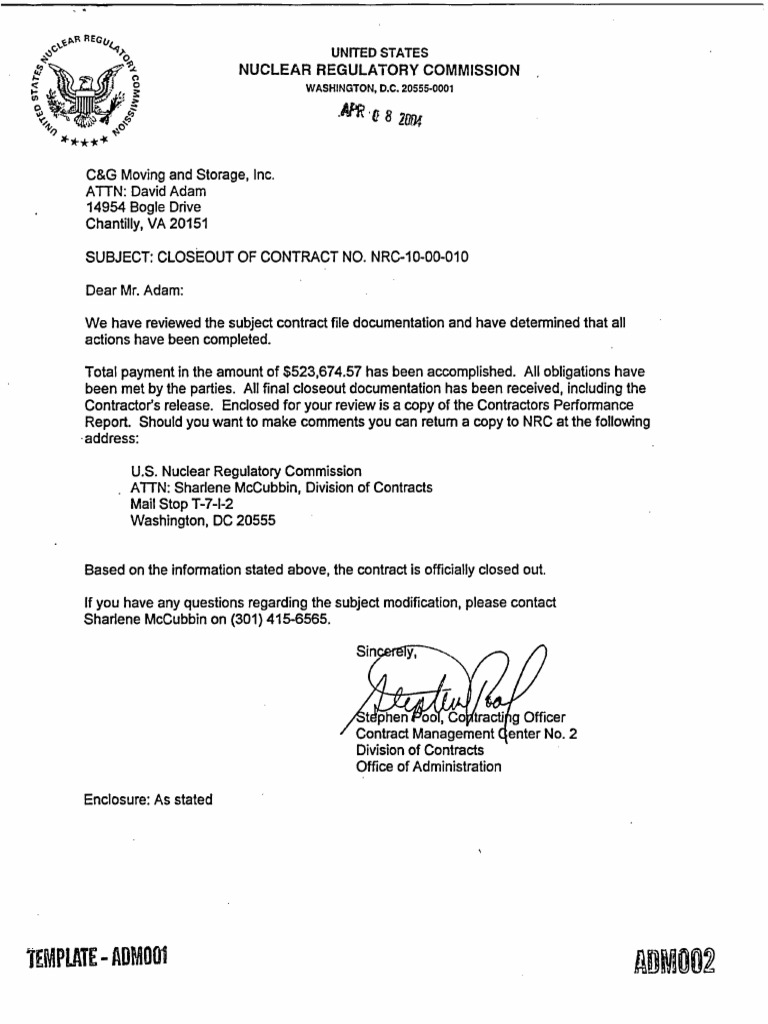 Closeout Contract Letter | PDF
