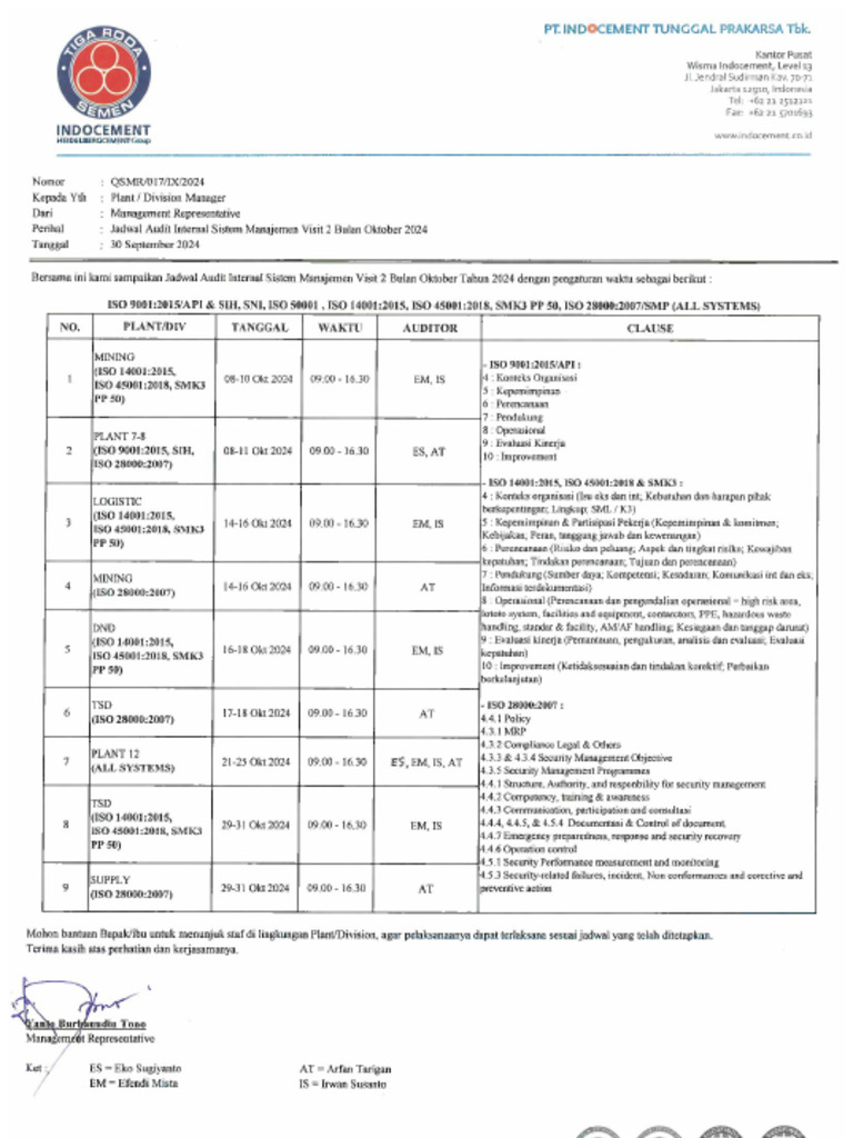 Jadwal Audit Int. BLN Okt 2024 | PDF
