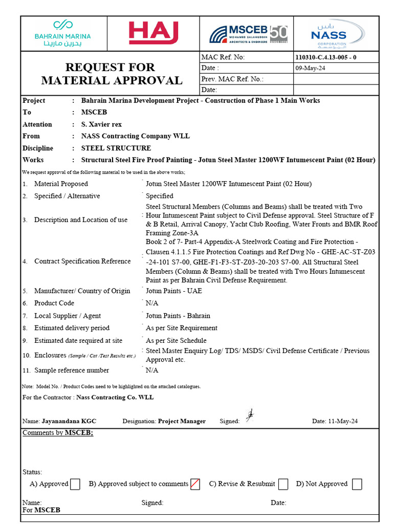 Request For Material Approval: We Request Approval of The Following ...
