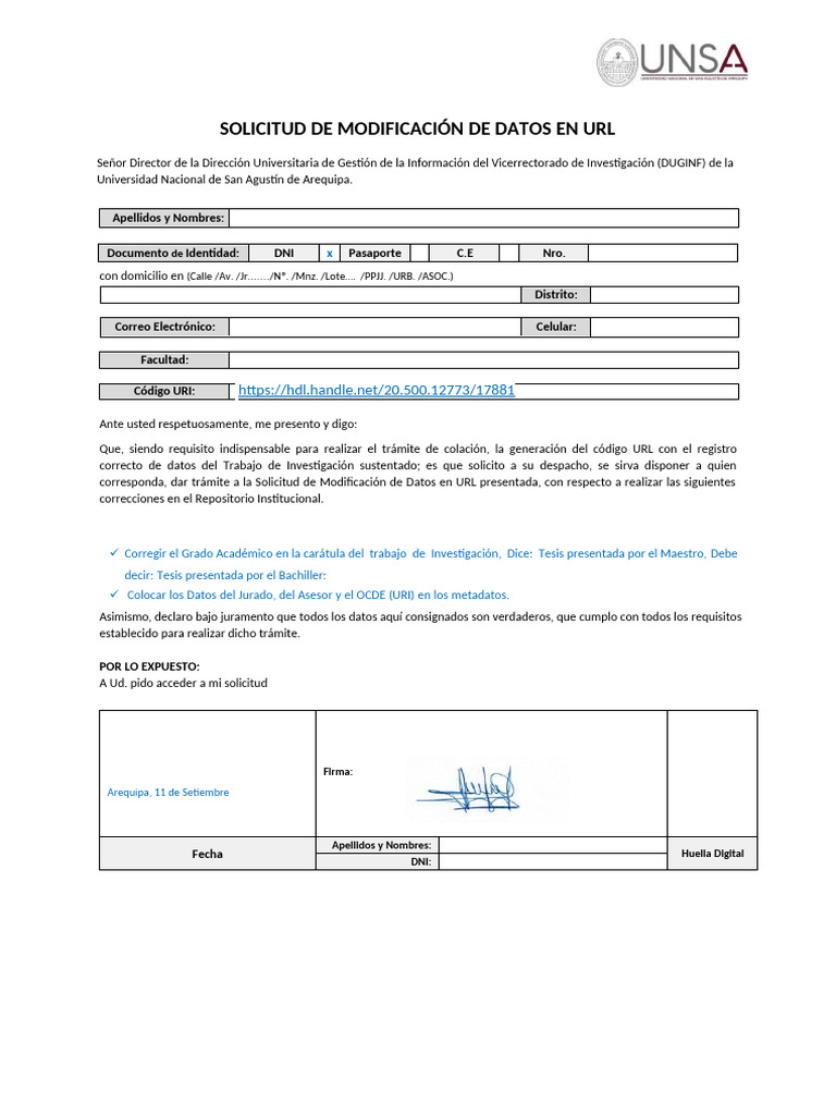 SOLICITUD DE MODIFICACIÓN DATOS URL | PDF